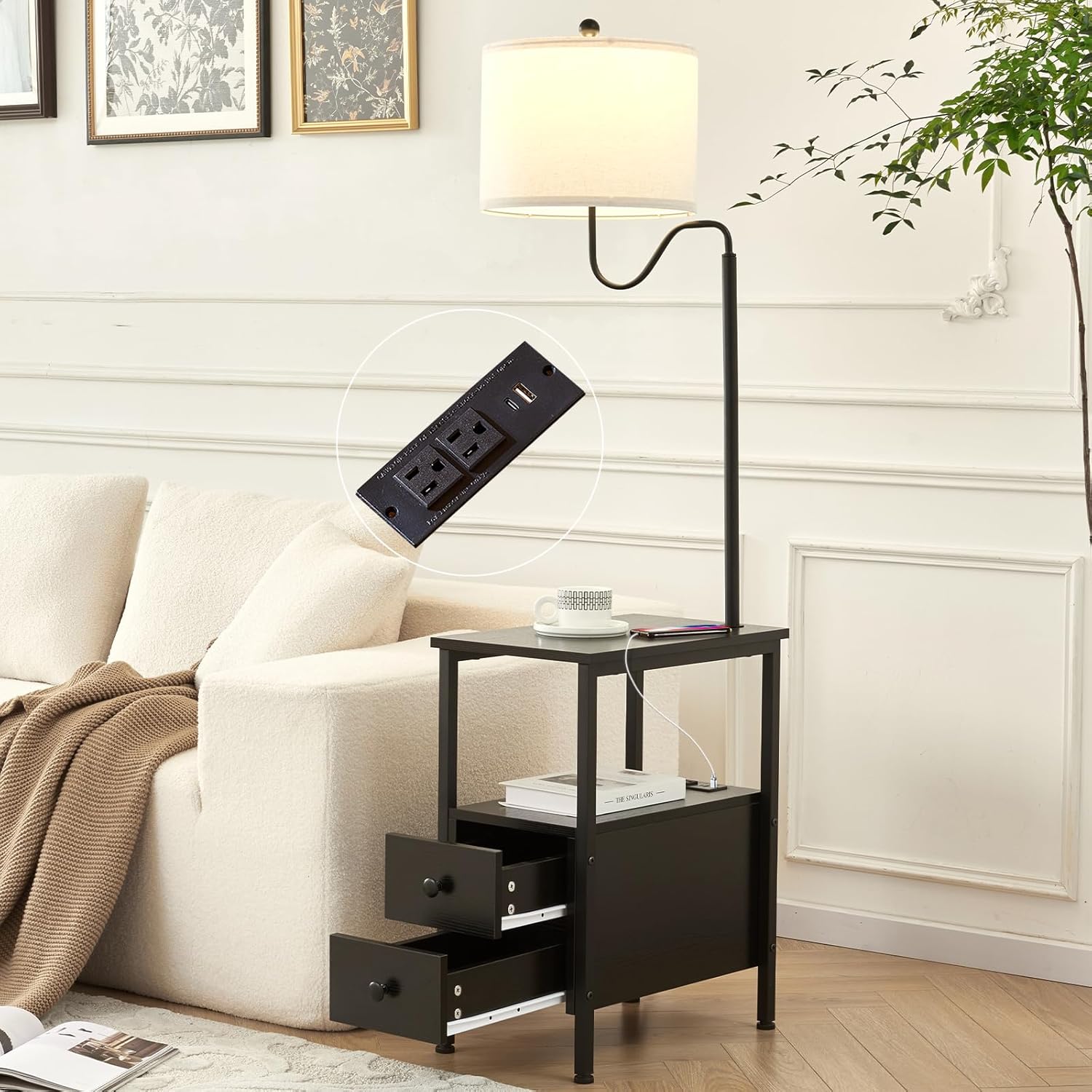 Dungoo 59" Floor Lamp with Table, Black End Table with Lamp Attached ...
