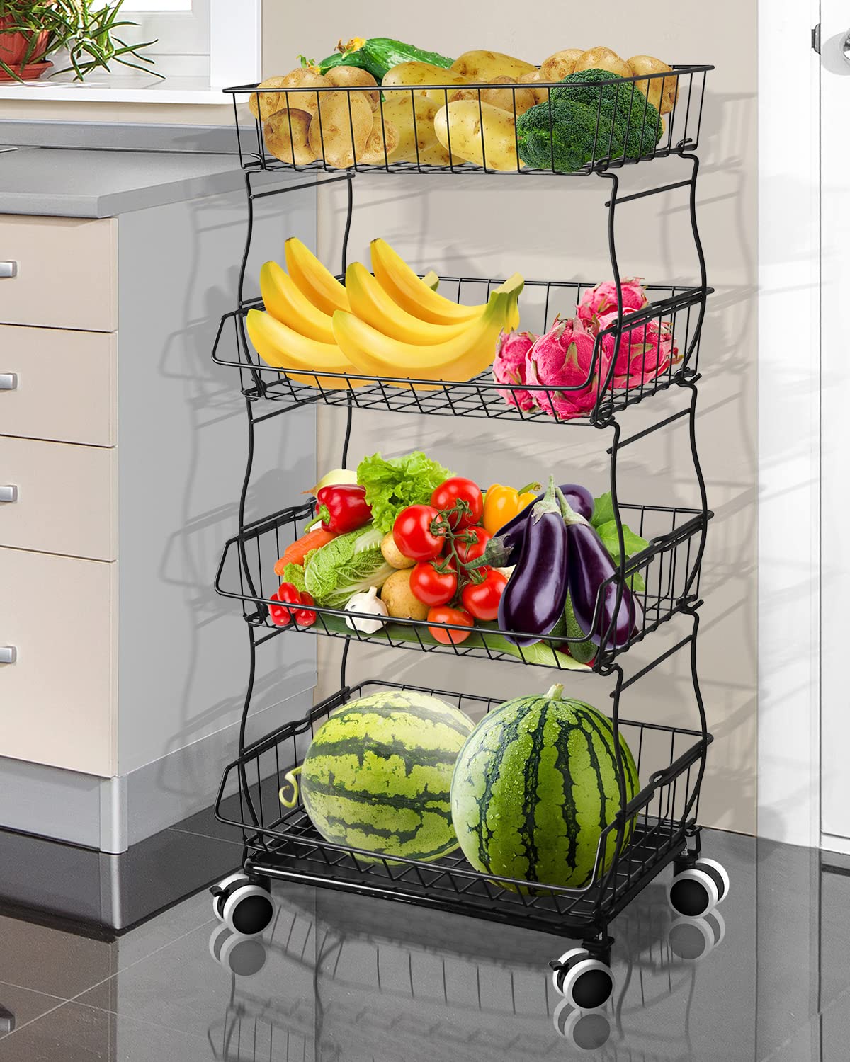 YuAnWe 4-Tiers Fruit Basket for Kitchen, Metal Fruit Basket with ...