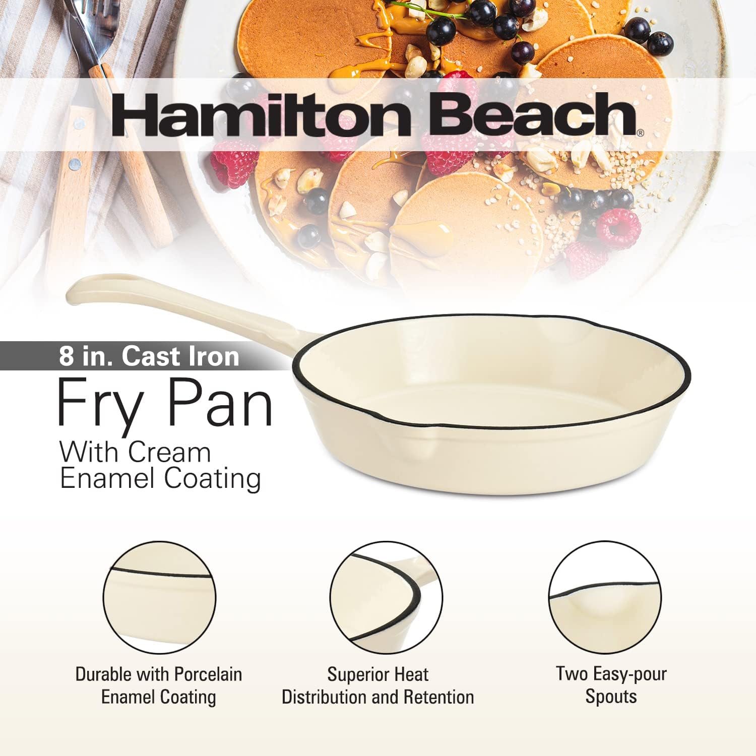 Hamilton Beach Sartén de hierro fundido esmaltado de 8 pulgadas, crema ...