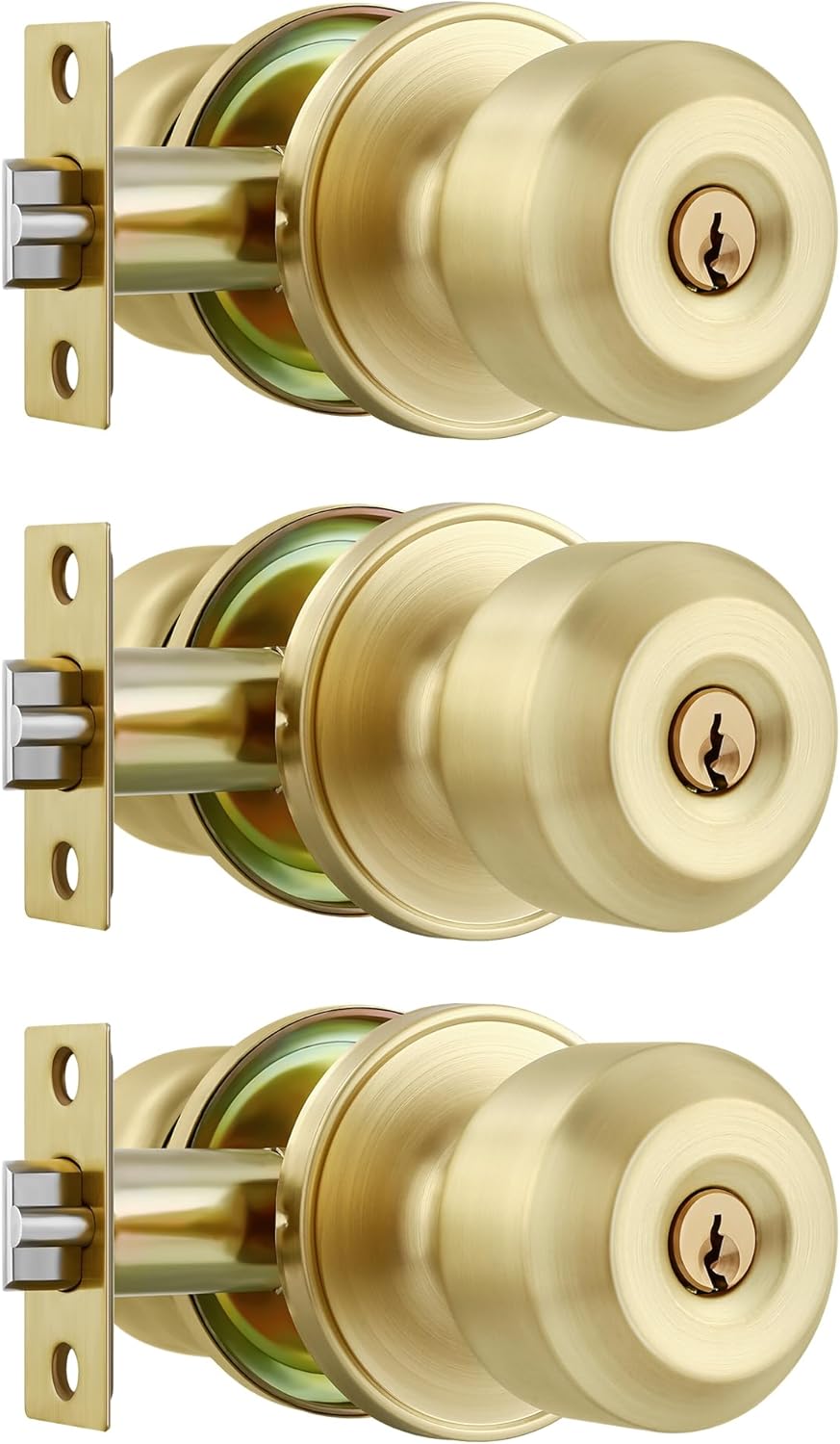Leydebong 3 Pack Satin Brass Door Knob with Lock and Key, Locking Door ...