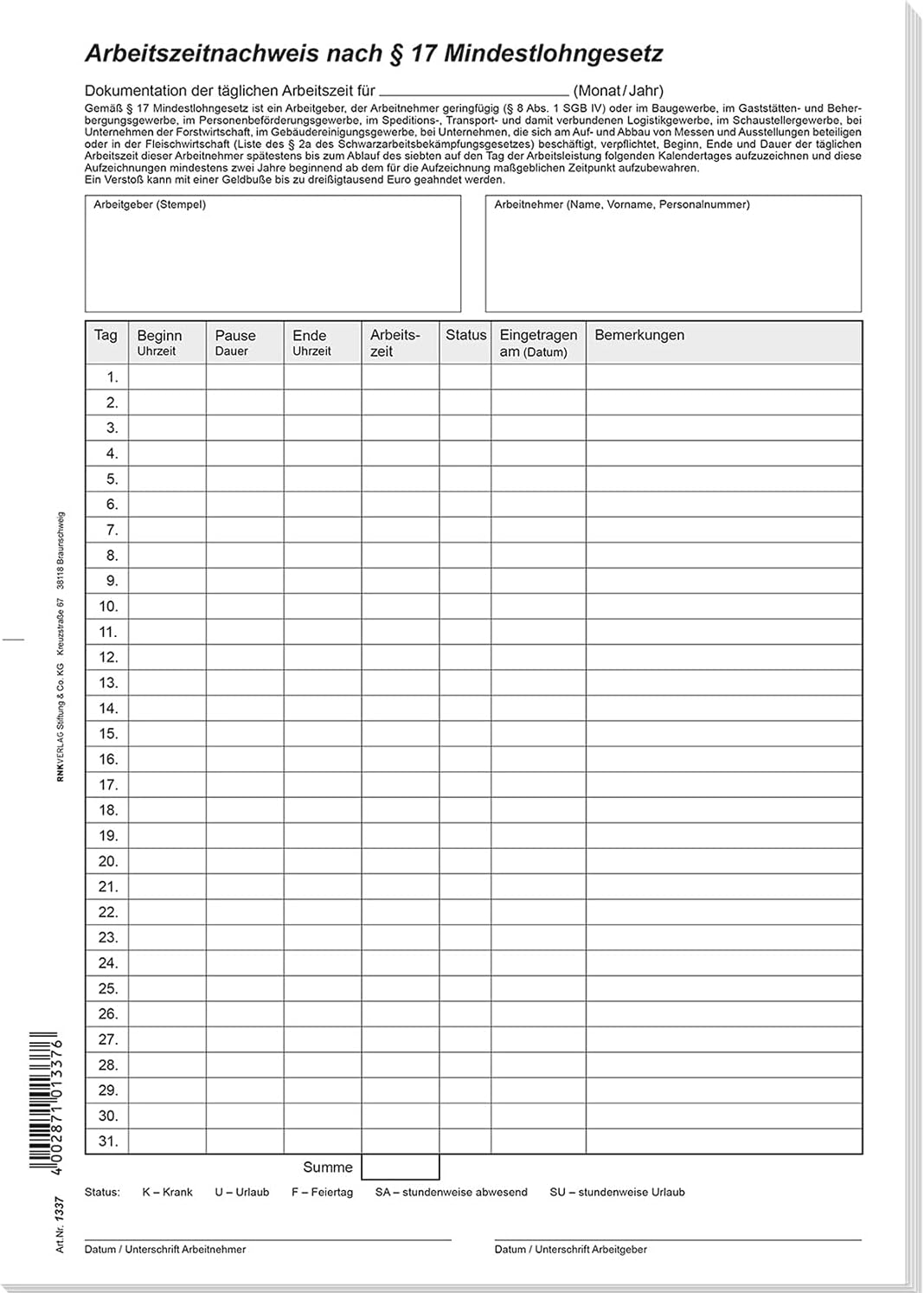 BIROYAL Stundenbuch für Arbeit, Arbeitszeitnachweis Block A4 ...