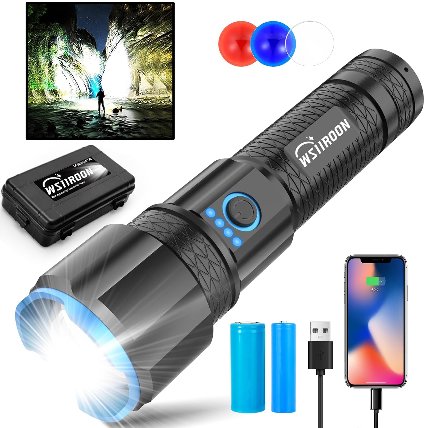 wsiiroon LED Flashlights High Lumens Rechargeable, Powerful 100000 ...
