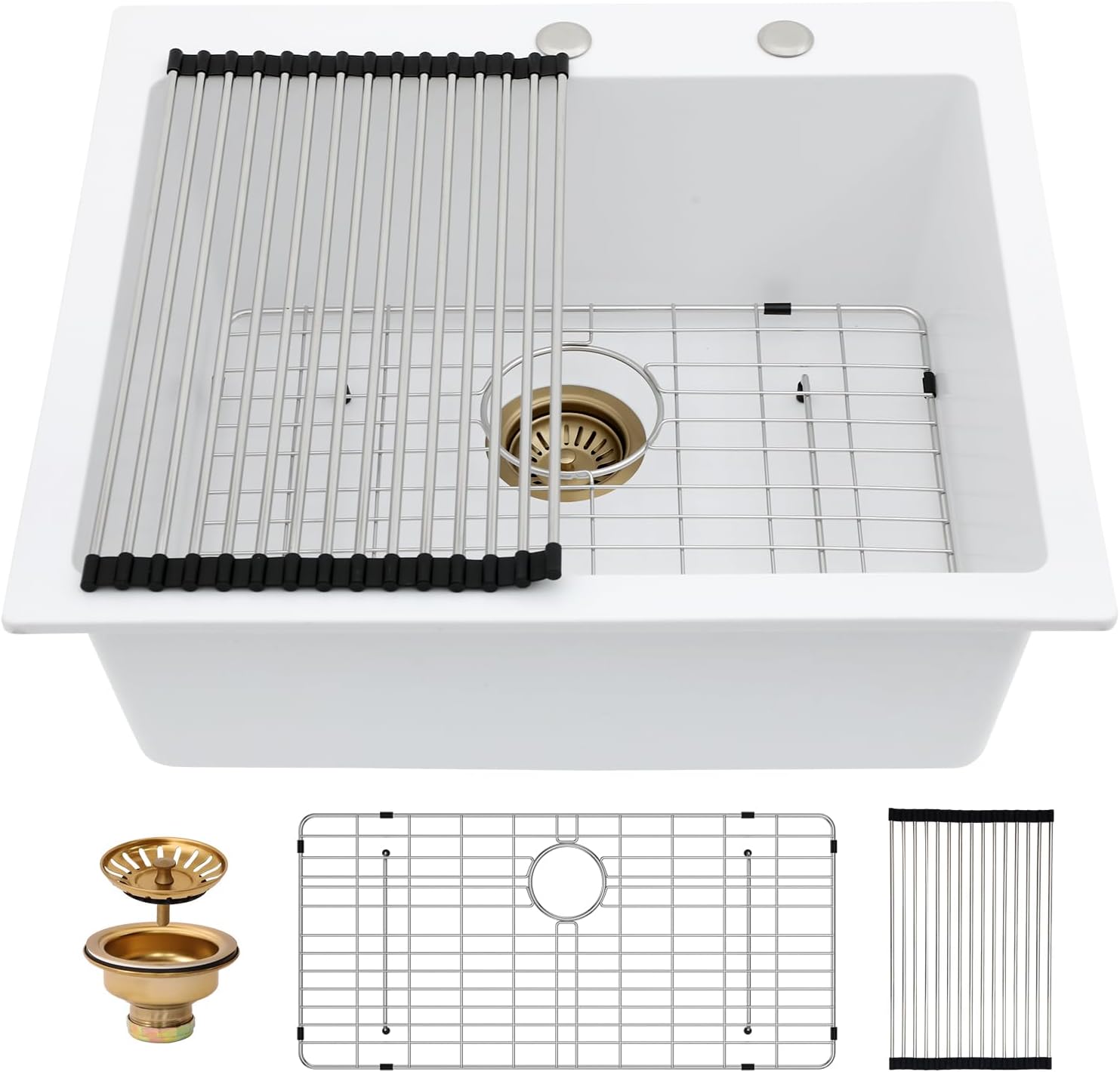 Couoko 25 Inch White Kitchen Sink Drop In Granite Composite Quartz ...