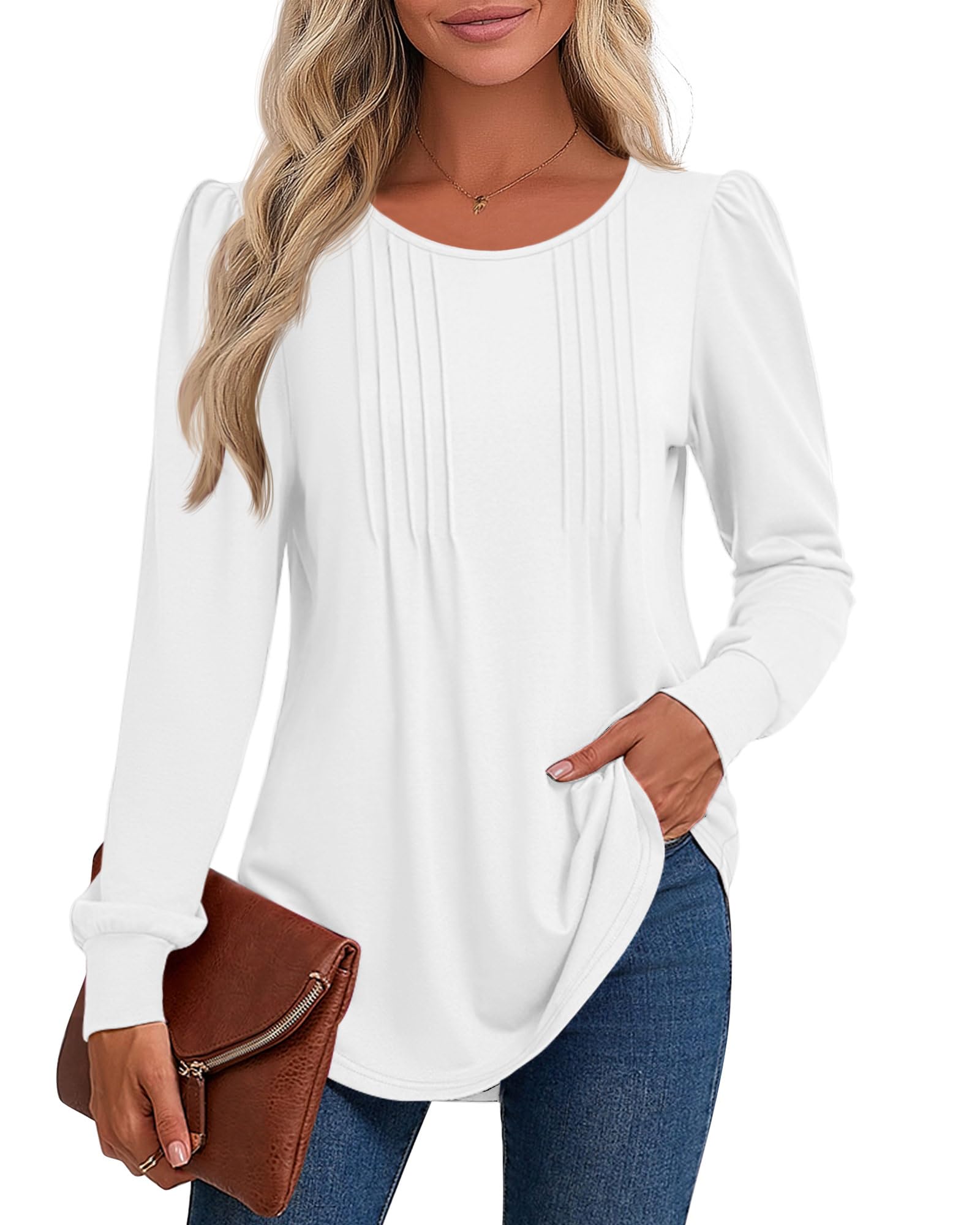 Riyiper Women's Tunic Tops, Pleated Crew Neck Long Sleeve Shirts Causal ...