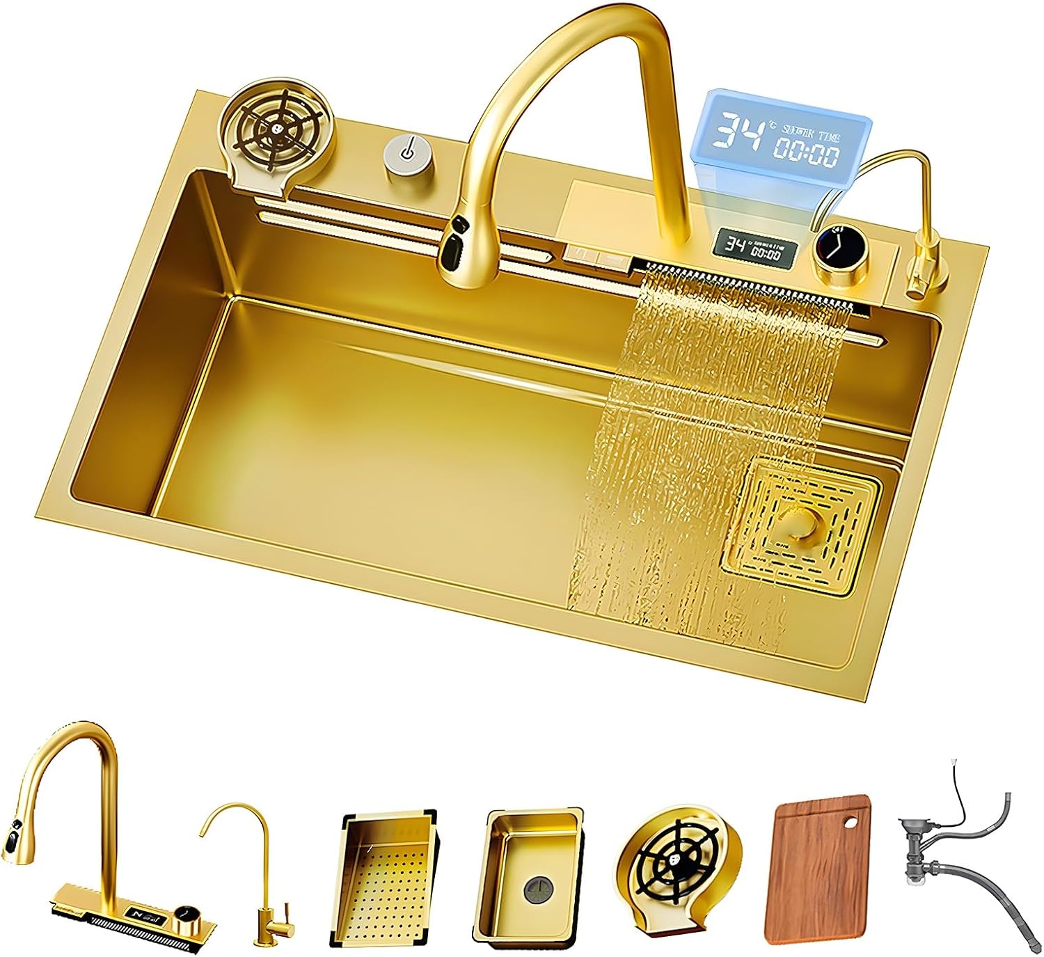 Amazon.com: 29.5In Gold Waterfall Kitchen Sink with Pull-Out Faucet ...