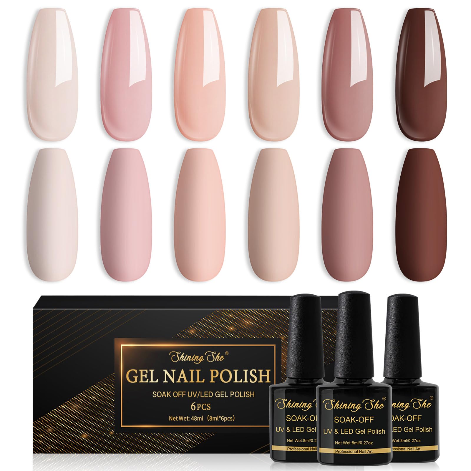 Shining She Gel Nail Polish, 6 PCS Nude Pink Brown Pastel Gel Polish ...