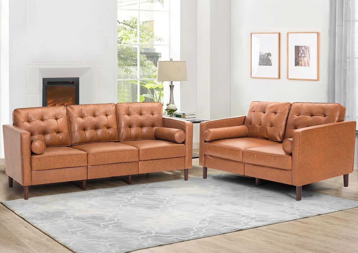 Amazon.com: Nansiee 2 Pieces Faux Leather Couch Set, Upholstered 3 Seat ...