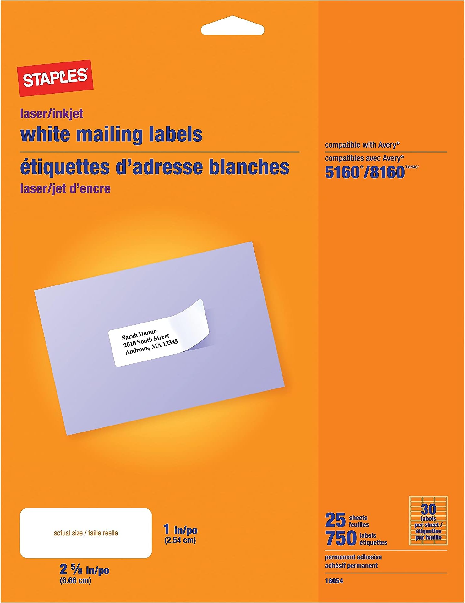 STAPLES White Mailing Labels for Laser & Inkjet Printers, 750 Count, 1 ...