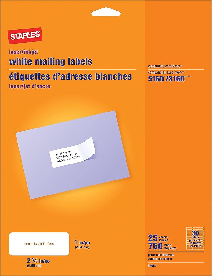 White Mailing Labels for Laser & Inkjet Printers, 1" x 2-5/8", 750/Box ...