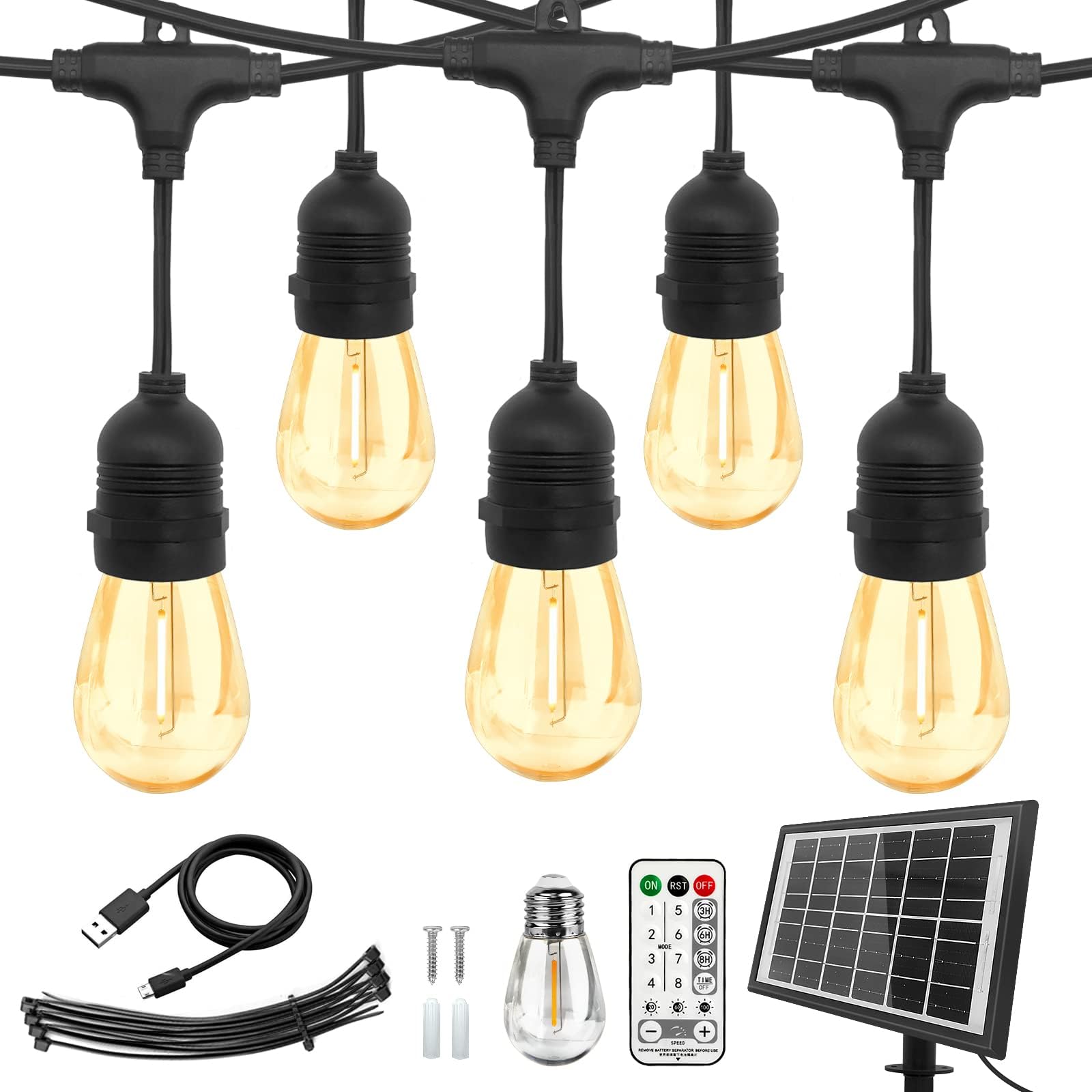 Solar String Lights - 48 ft S14 LED Outdoor IP65 Commercial Grade Heavy ...