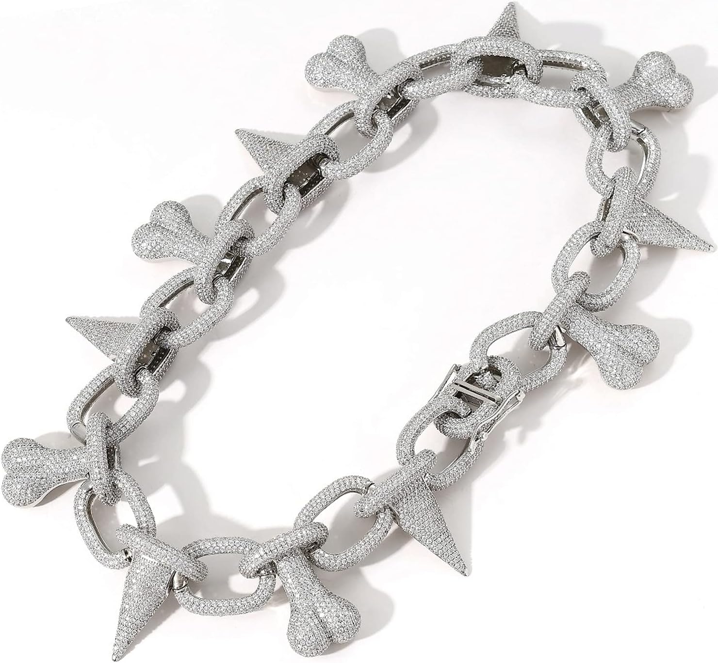 Punk Bone Spikes Link Chain Hip Hop Iced Out Bling Rapper Cuban Link ...