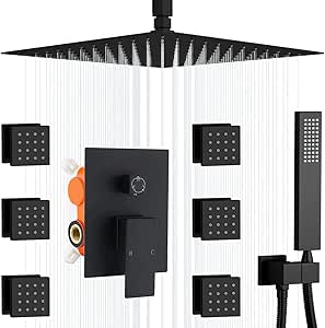 AYIVG Bathroom Black 12 Inch Ceiling Rainfall Shower System With 6 Pcs Body Spray Jet Mixer Set ...