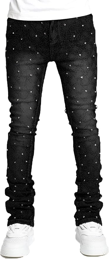 Amazon.com: Rhinestone Skinny Stacked Jeans Mens Straight Leg Jeans ...
