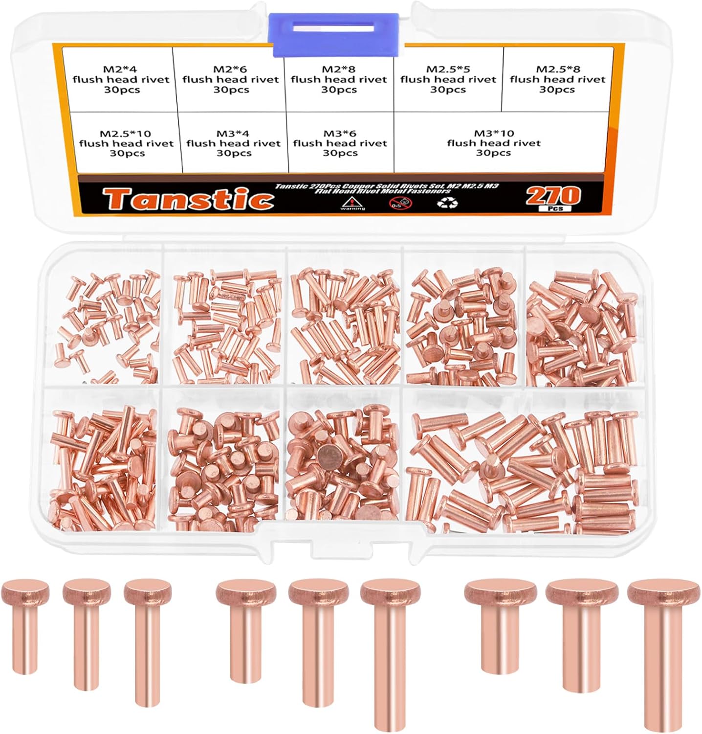 Tanstic 270Pcs Flat Head Copper Solid Rivets, M2x4/6/8, M2.5x5/8/10 ...