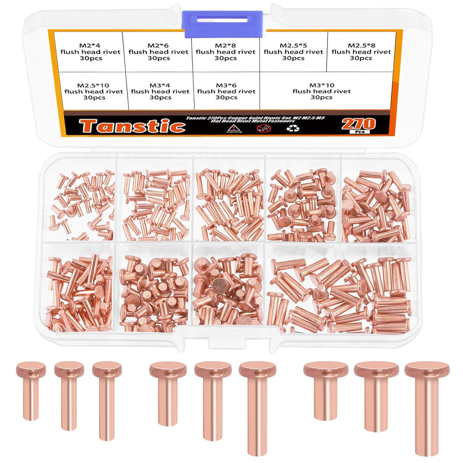 Amazon.com: Tanstic 270Pcs Flat Head Copper Solid Rivets, M2x4/6/8, M2 ...