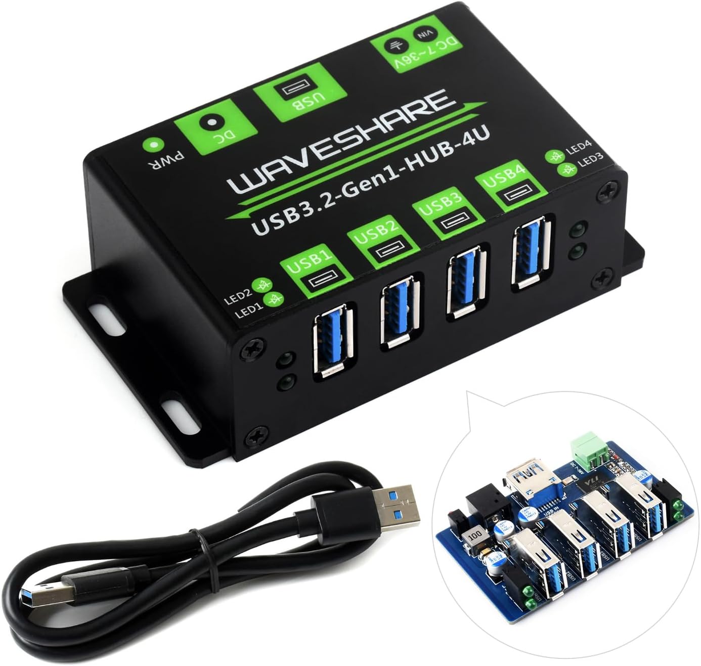 Waveshare 4-Ch USB 3.2 Gen1 HUB, Metal Case With Wall-Mount Support ...