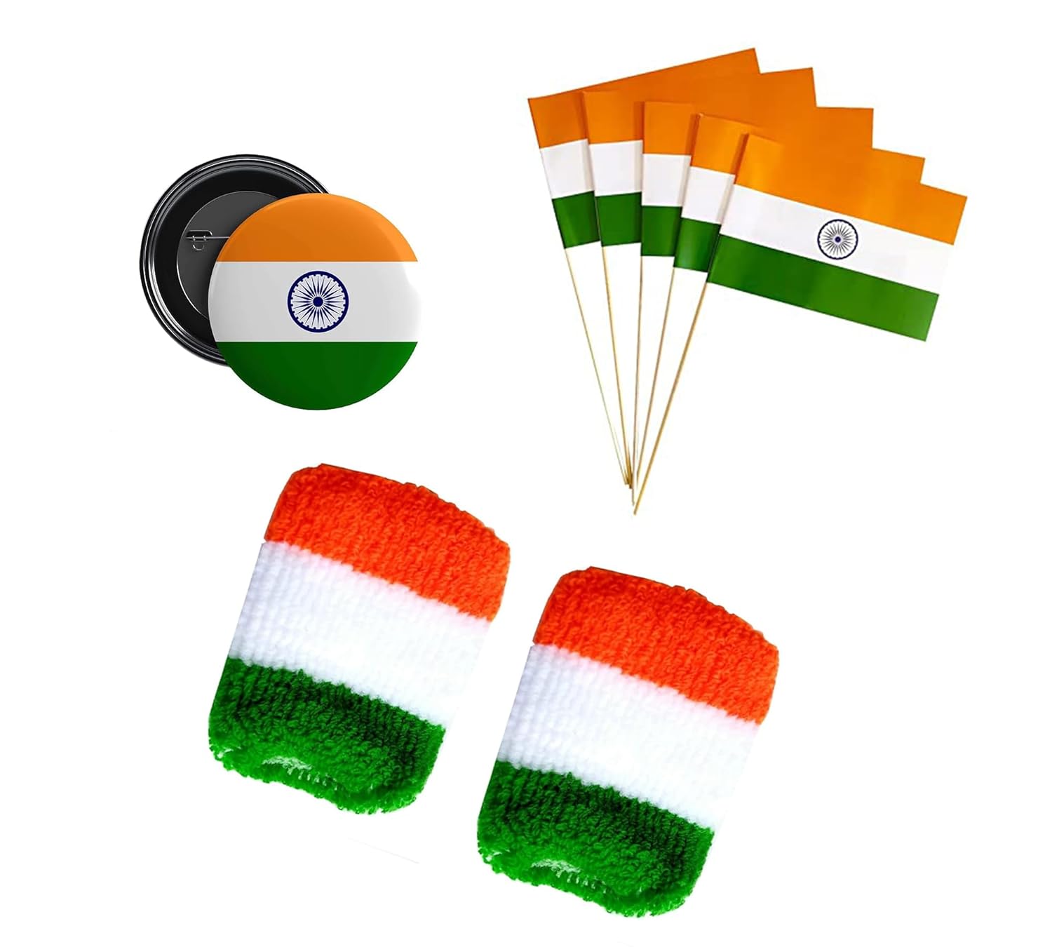 Combo of Tiranga Wrist Band, Flags and Round Pin Badge for Independence ...