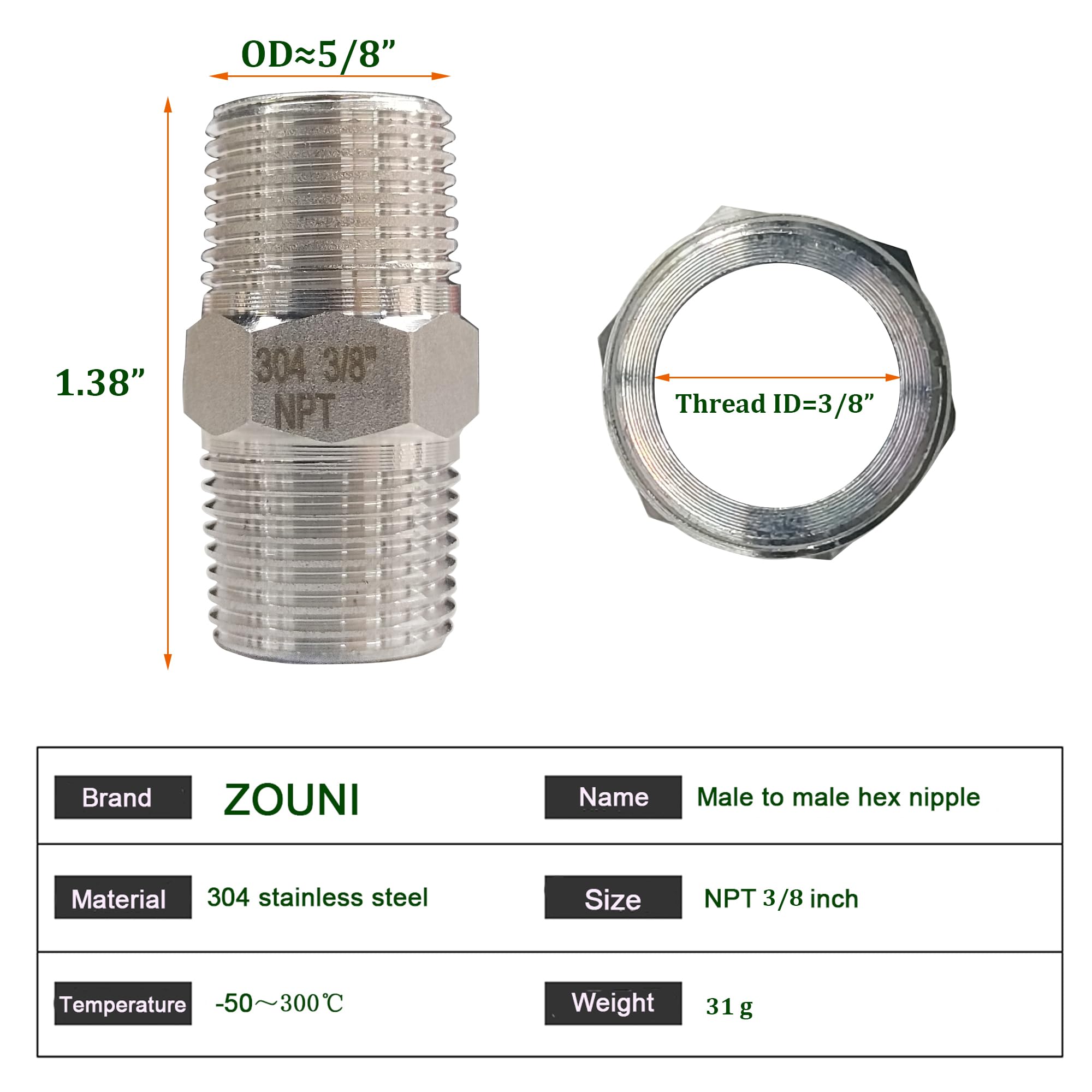 Snapklik.com : Hex Nipple 3/8" Male X 3/8" Male Pipe Fittings, 304 ...