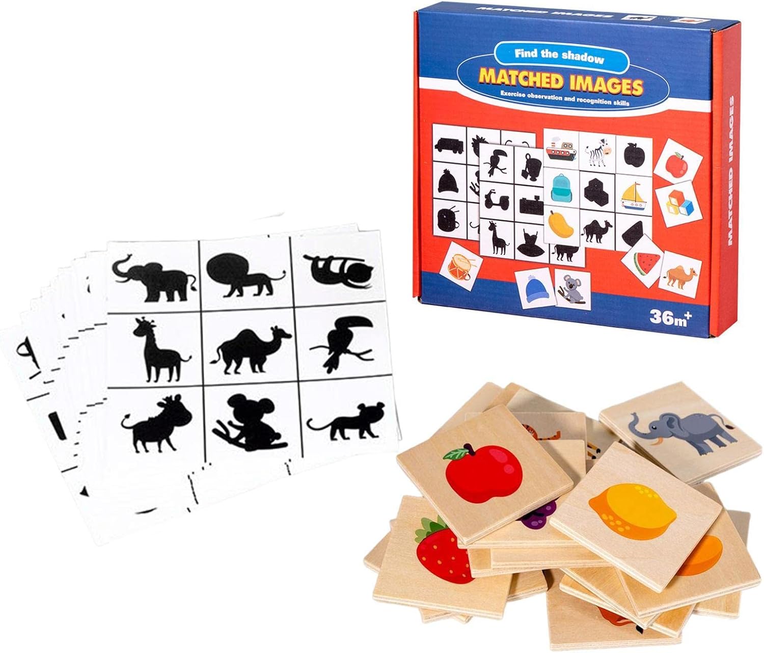 Abonda Shadow Matching Toys, Match Game Board, Wooden Animals Fruits ...