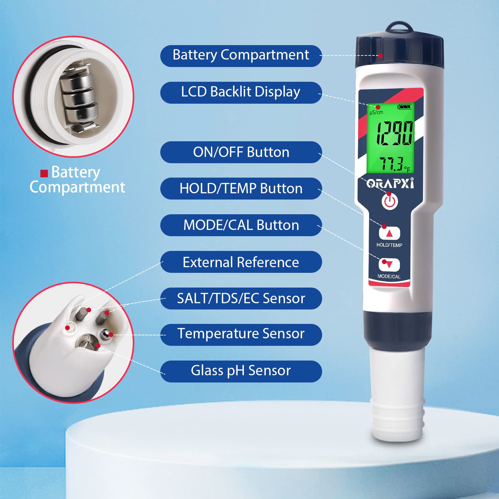 ORAPXI pH Salinity Tester 5 in 1 pH Salt TDS EC Temp Meter for ...