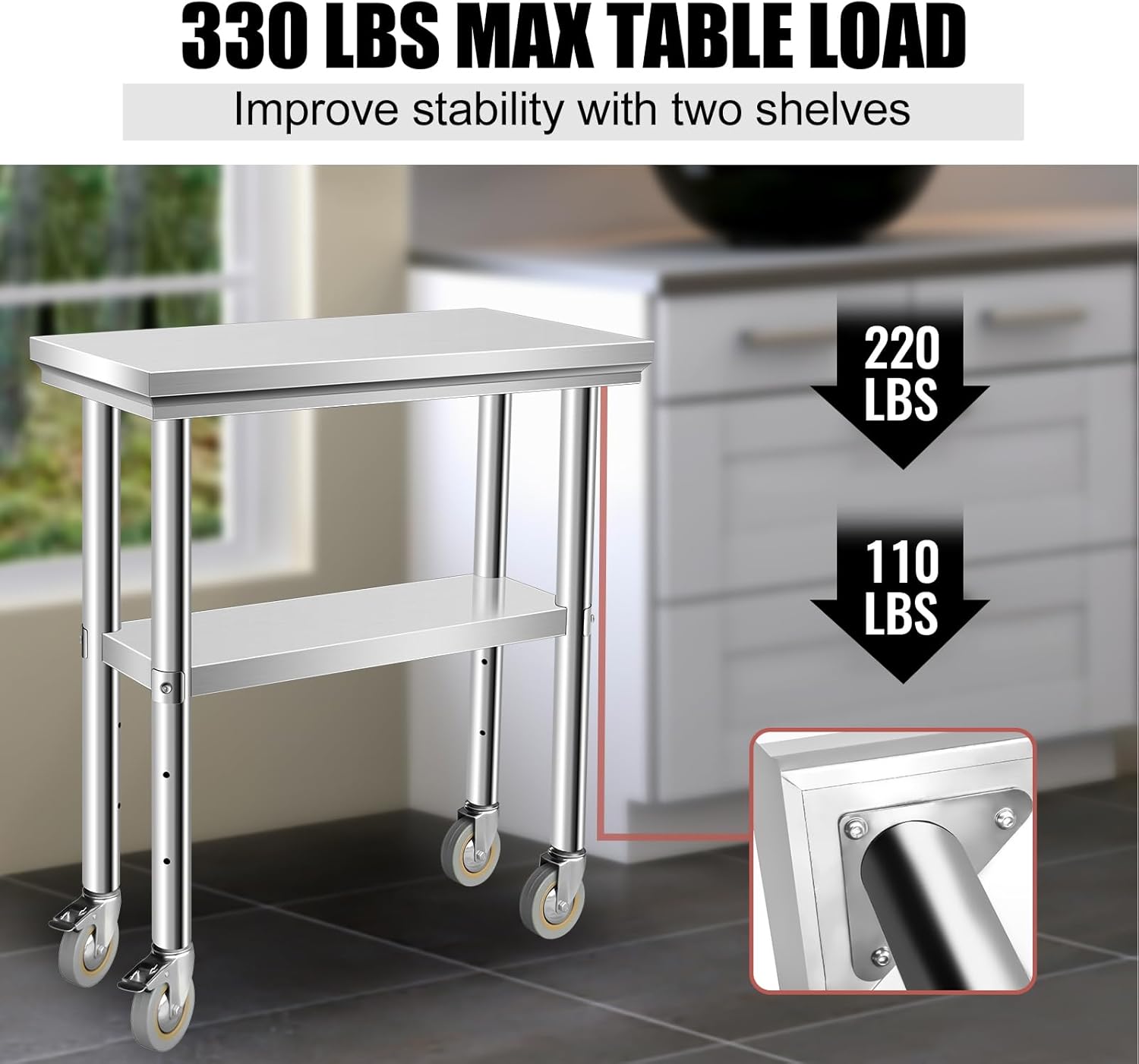 Mesa de trabajo resistente, mesa de acero inoxidable para preparación con 4 ruedas para cocina ...