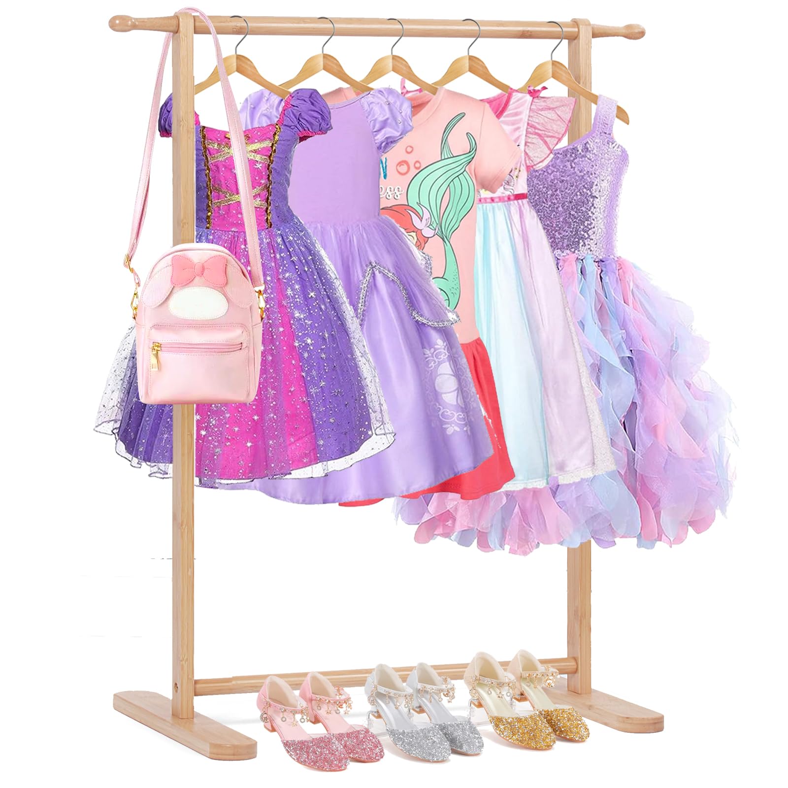 Bamboo Kids Clothing Rack with Dual Poles, Child Dress Up Rack ...