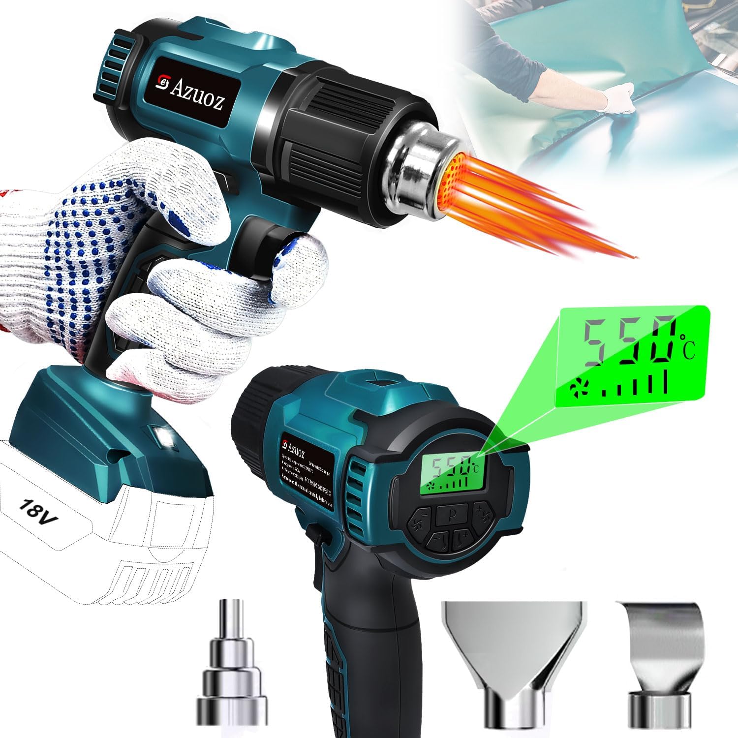 Akku-Heißluftpistole, Heißluftpistole kompatibel mit Bosch 18V Akku, 3 Düsen, 2 ...