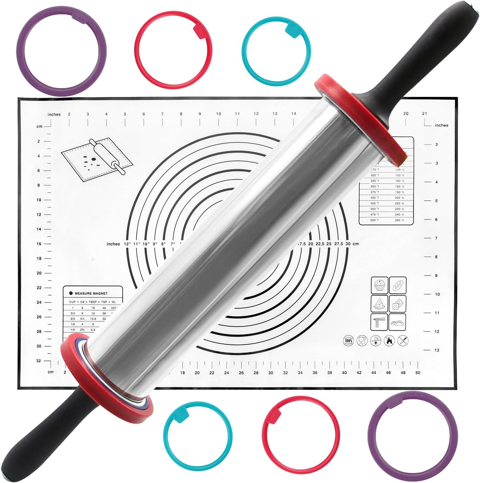 Amazon.com: Rolling Pin and Silicone Baking Pastry Mat Set, Stainless ...