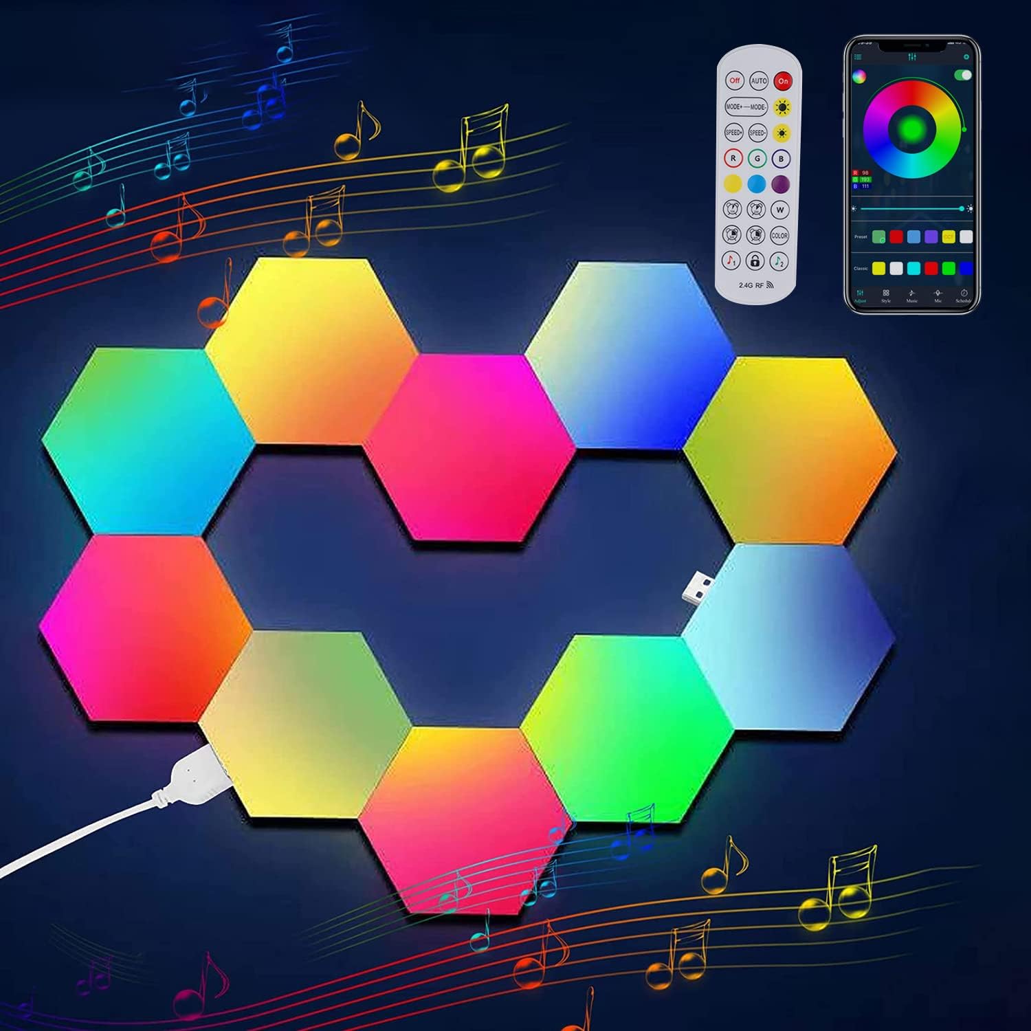 Hexagon LED Lights with Remote Control, RGB Gaming Lights LED Wall ...
