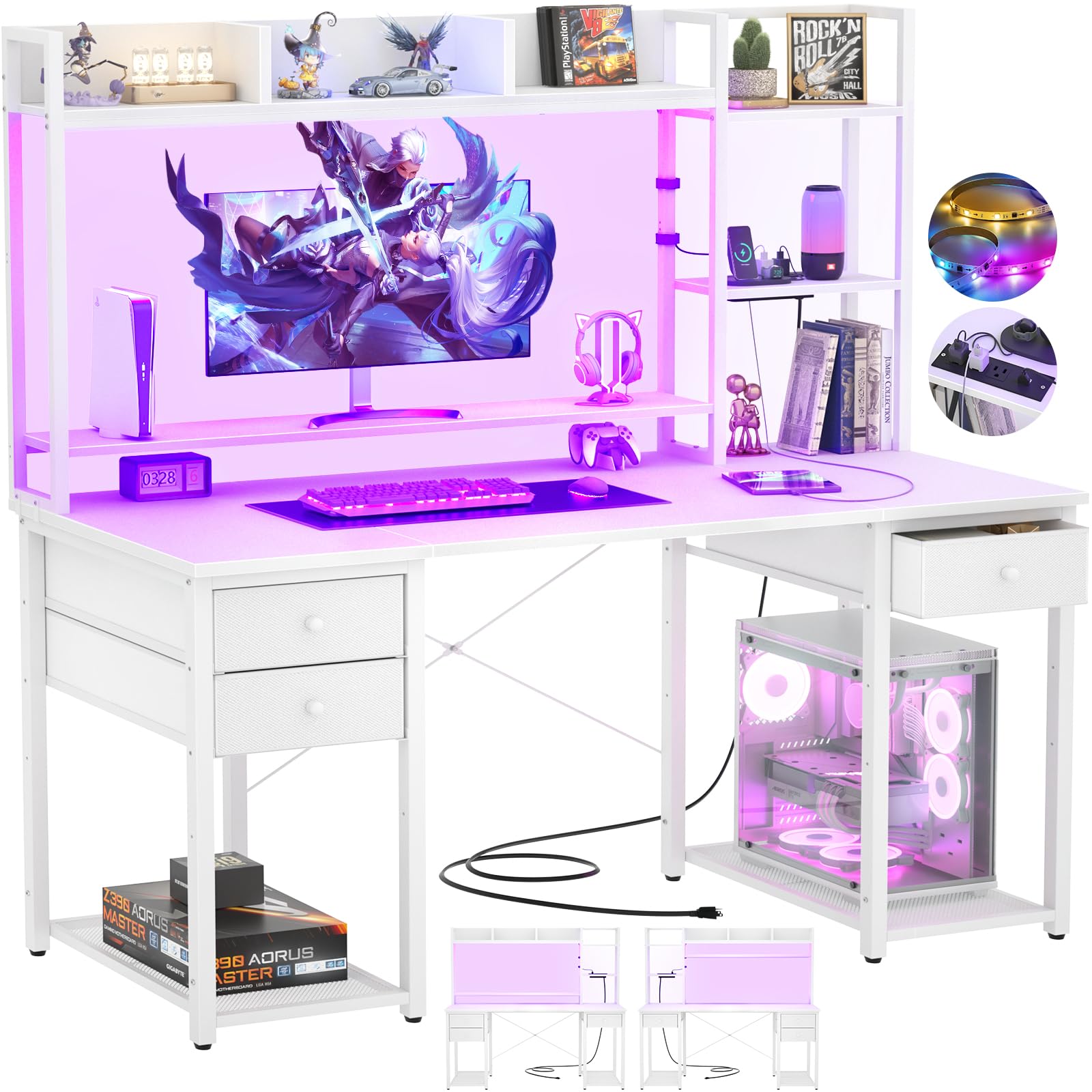 Amazon.com: Aheaplus Desk with LED and Outlets, Gaming Desk with Hutch, 47.2'' Computer Desk ...