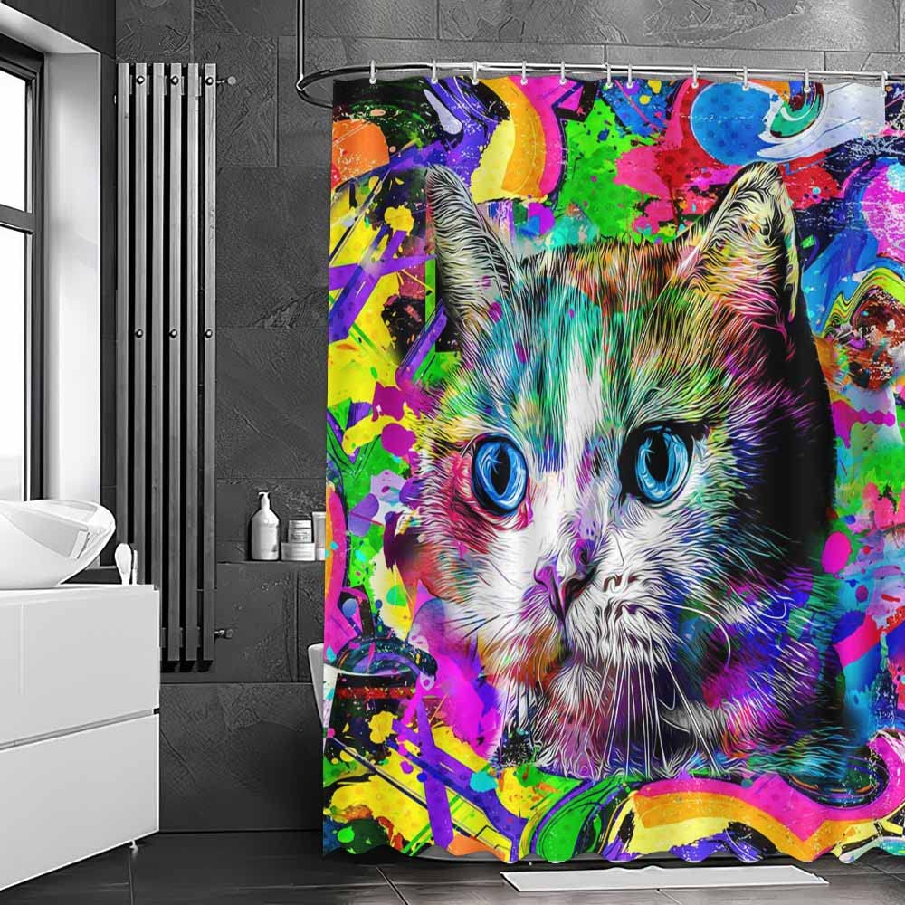 72x72 in Cute Cat Shower Curtain for Bathroom Cool Doodle Cat Color ...