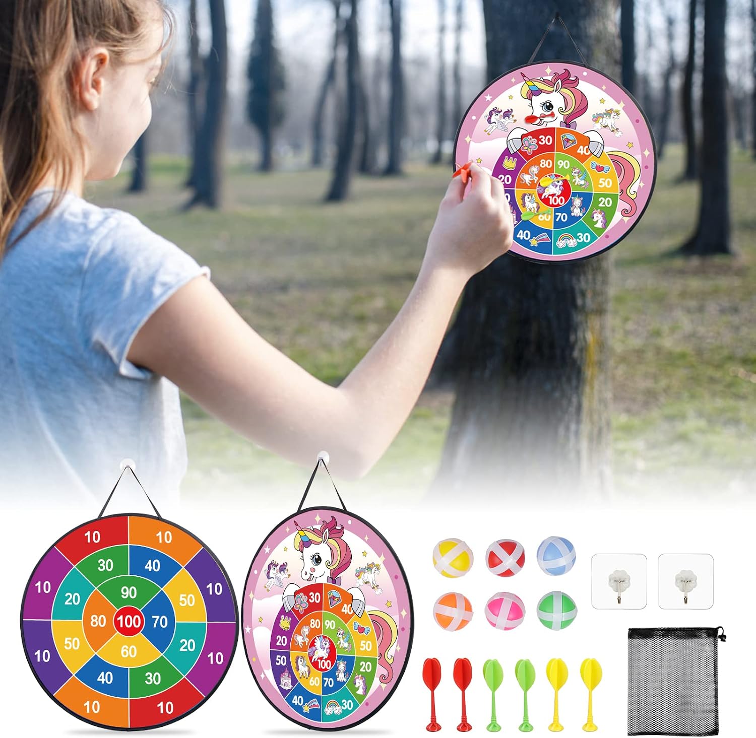 LAMEK Double Sided Dart Board Games 26” Unicorn Foldable Dartboard Game ...