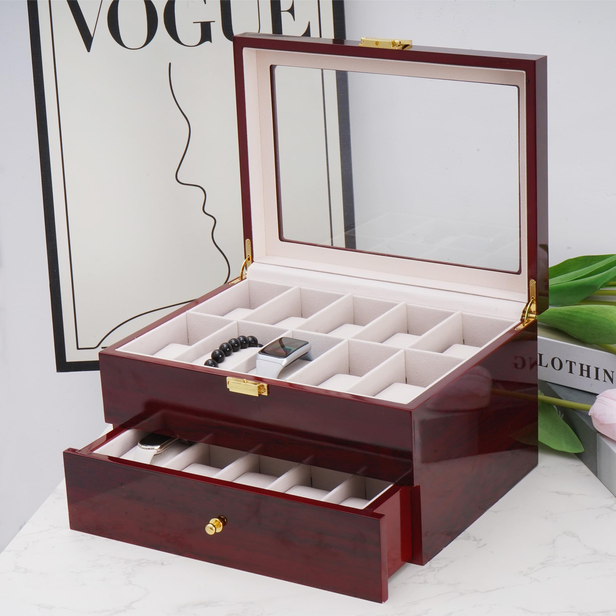 Wooden Watch Box 20 Slots Glass Top Men Watch Dispaly Case Organizer 2 ...