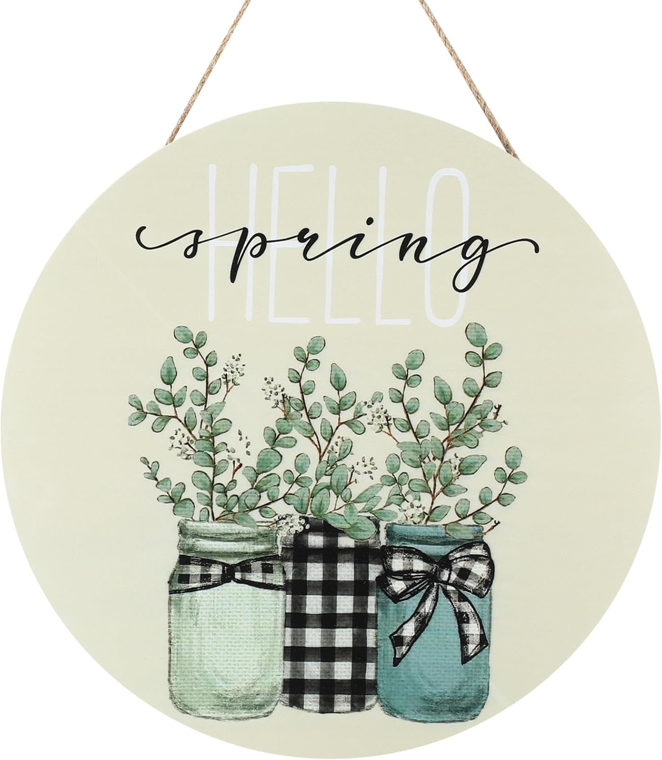 Amazon.com: Threehoney Hello Spring Door Sign, Eucalyptus Buffalo Plaid ...
