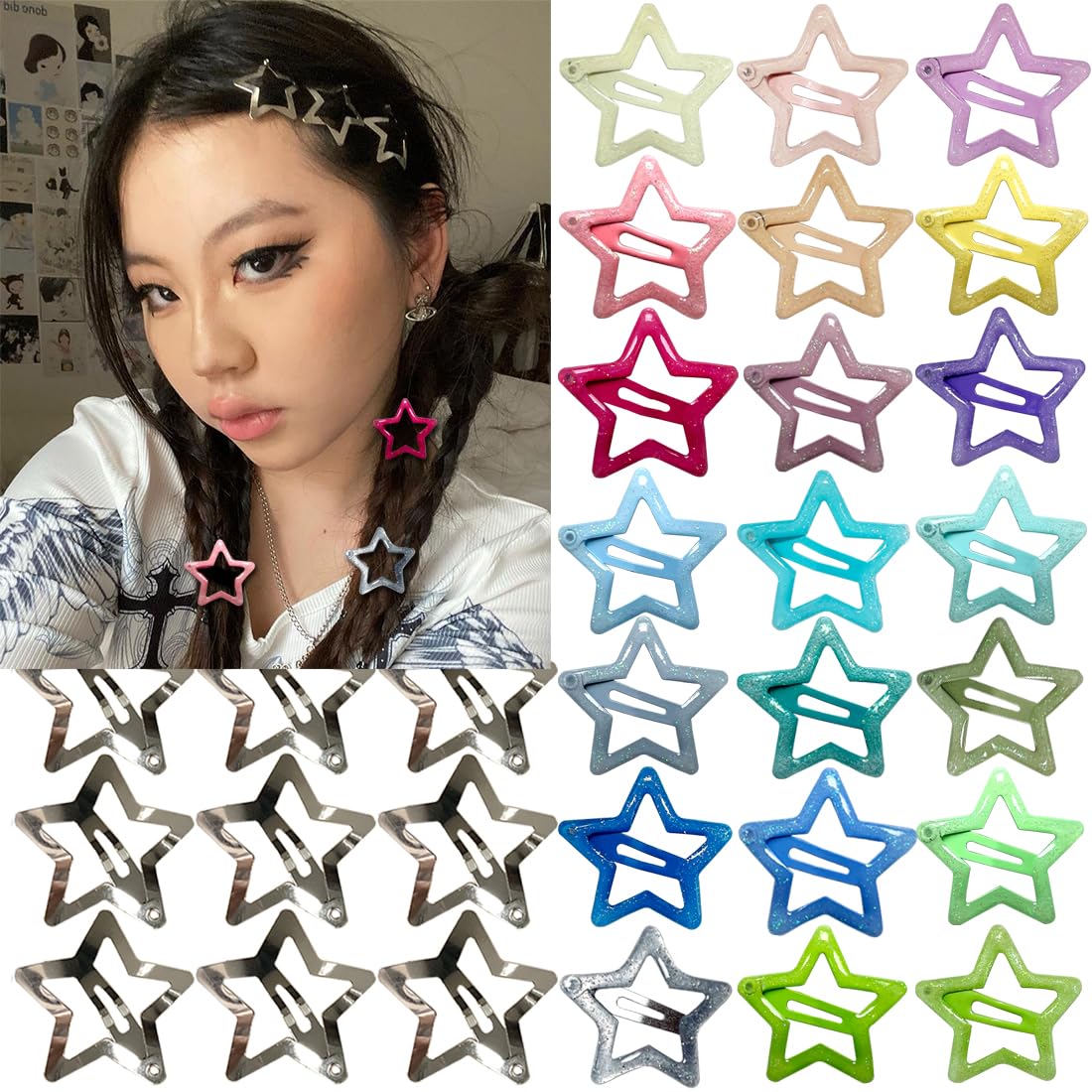 Amazon.com : 30 PCS 1.22" Sparkling Star Hair Clips Snap Star Hair ...