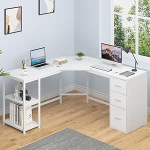 Amazon.com: LVB White L Shaped Corner Desk with Drawers, Reversible ...