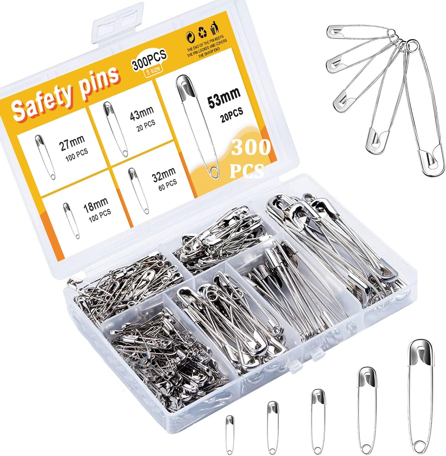 300 Pcs Safety Pins, Mini Metal Safety Pins with Storage Box, 5 Sizes ...