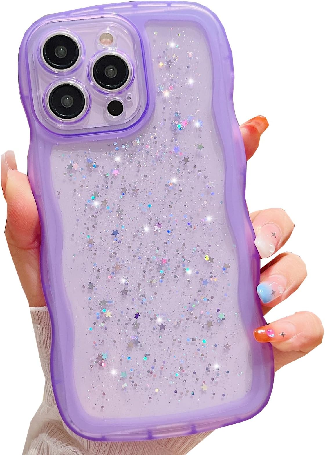 Amazon.com: Changjia for iPhone 15 Pro Max Glitter Wavy Case, Cute Curly Wave Frame Design Bling ...