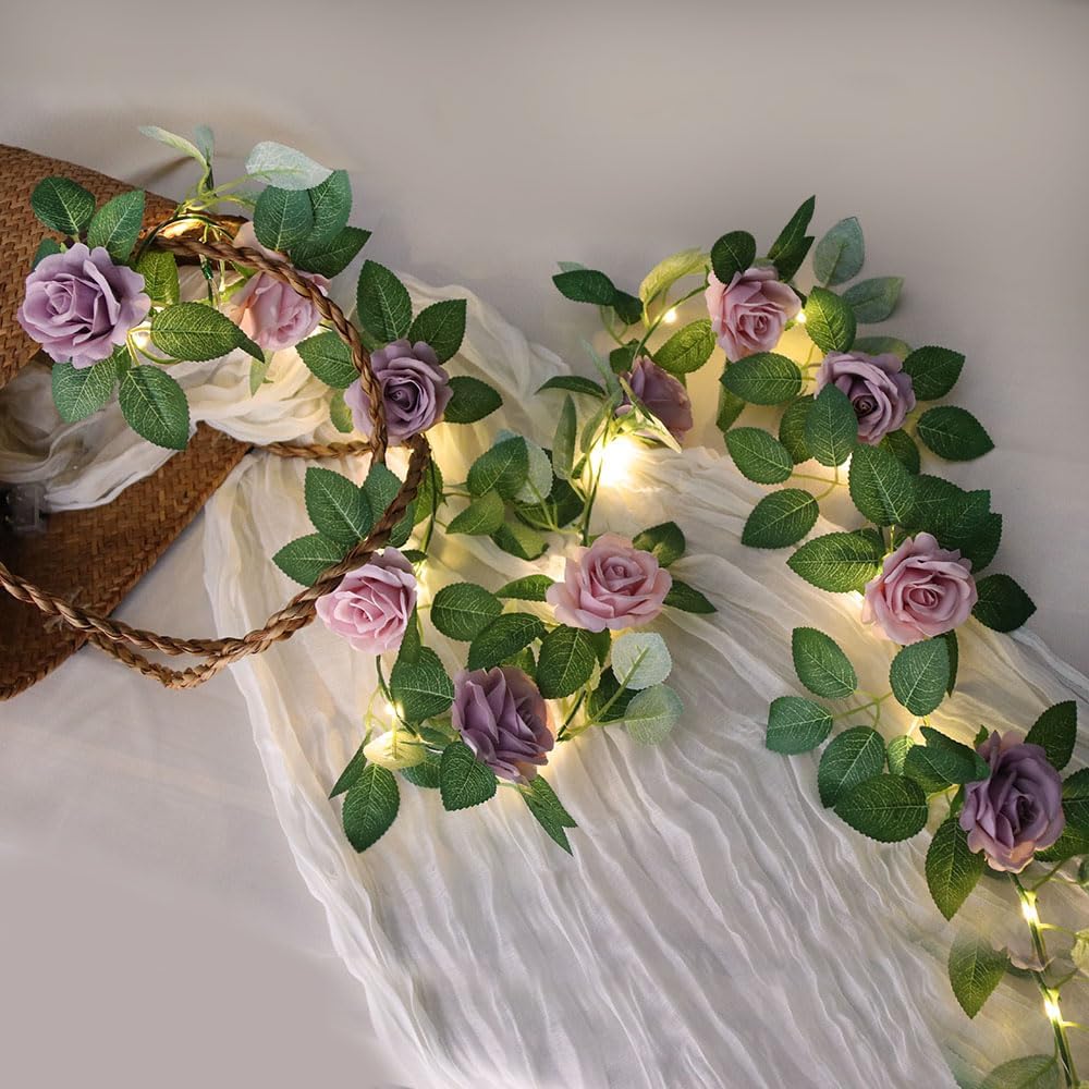 buywin 6FT Flower Garland String Lights, Battery Operated Fake Rose ...