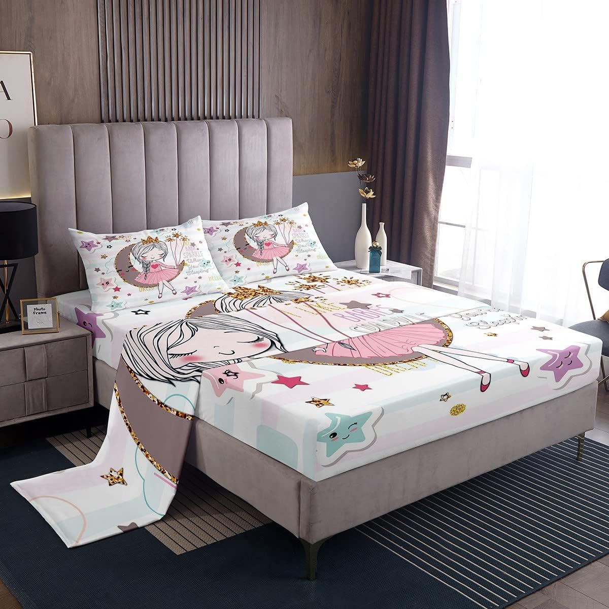 Amazon.com: Erosebridal Girls Bed Sheets Cartoon Moon and Stars Queen ...