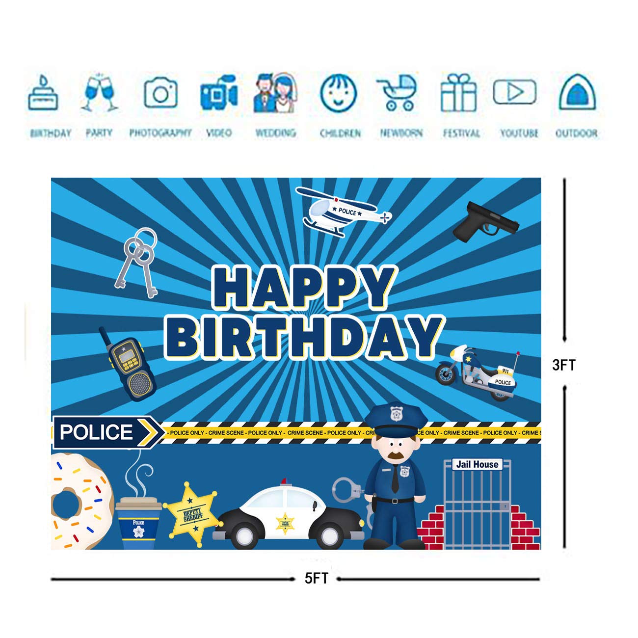 Police Birthday Party Themed Photography Backdrops Policeman Police Car ...