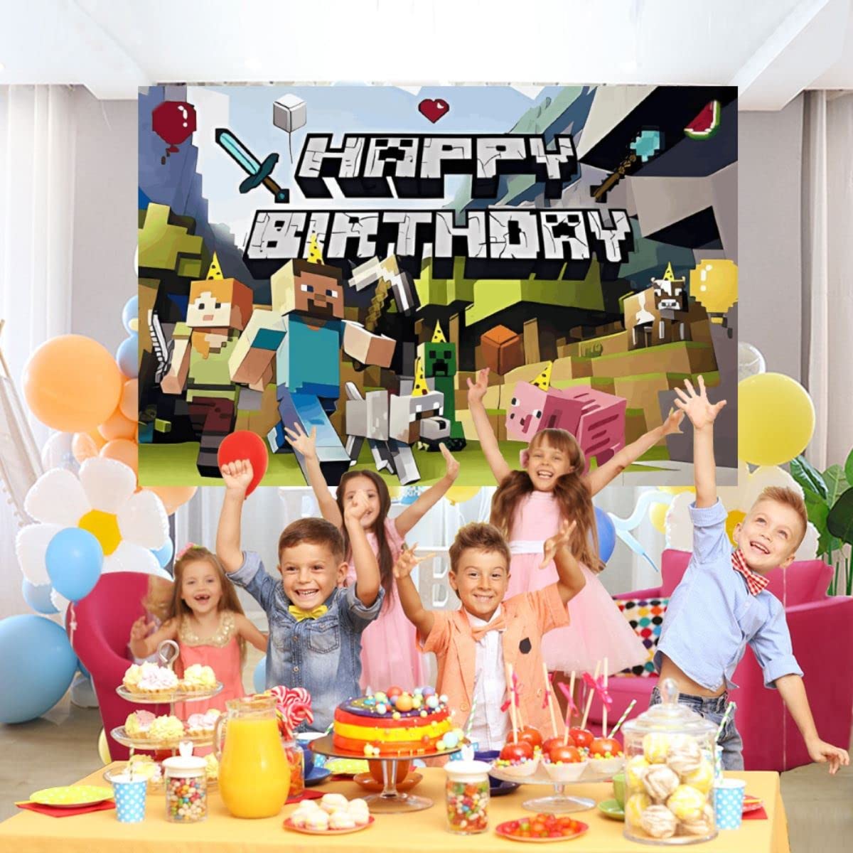 Minecraft Happy Birthday Banner Cheap 5*3ft Happy Birthday Backdrop ...