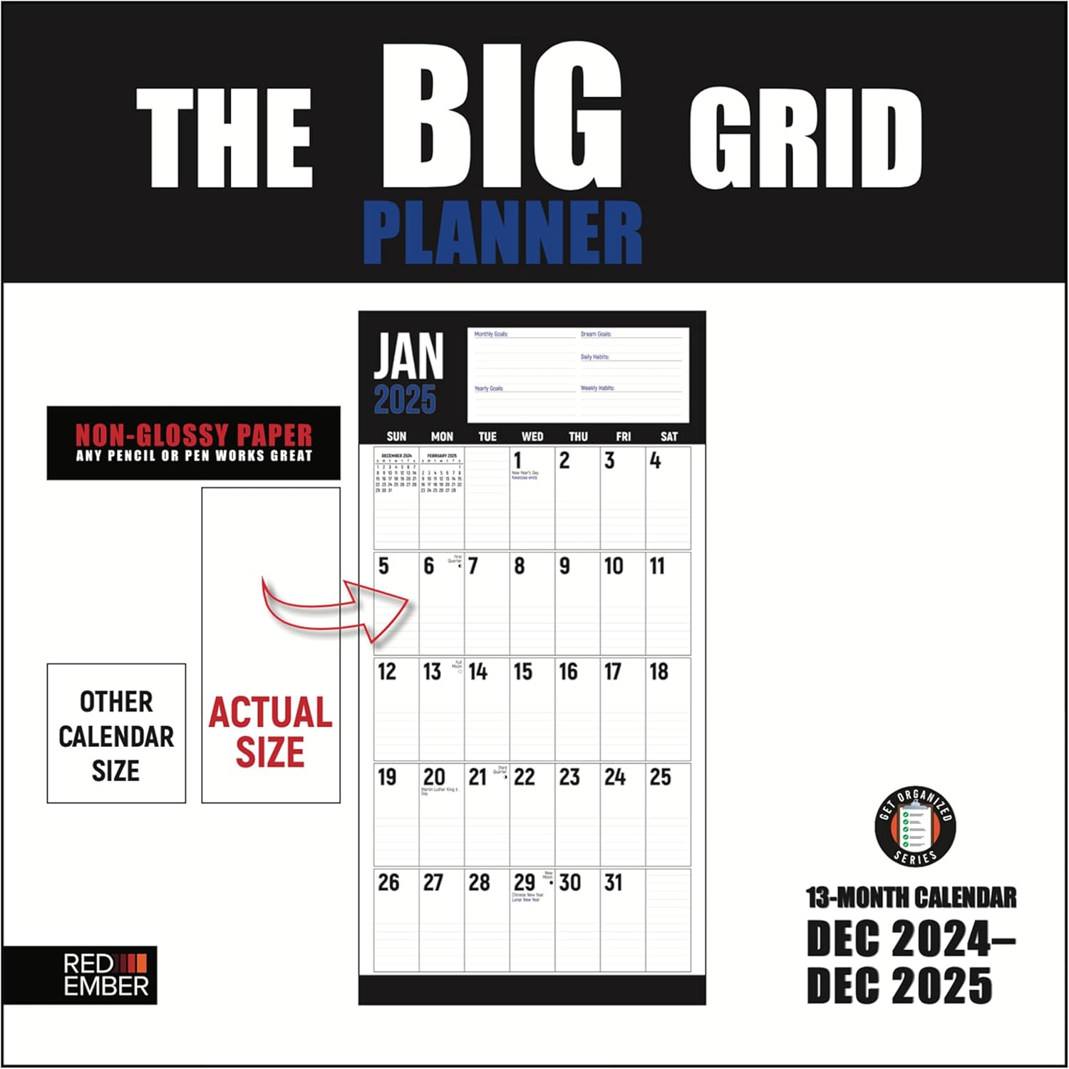 Amazon.com: RED EMBER The Big Grid Planner 2025 Wall Calendar 12 Month ...
