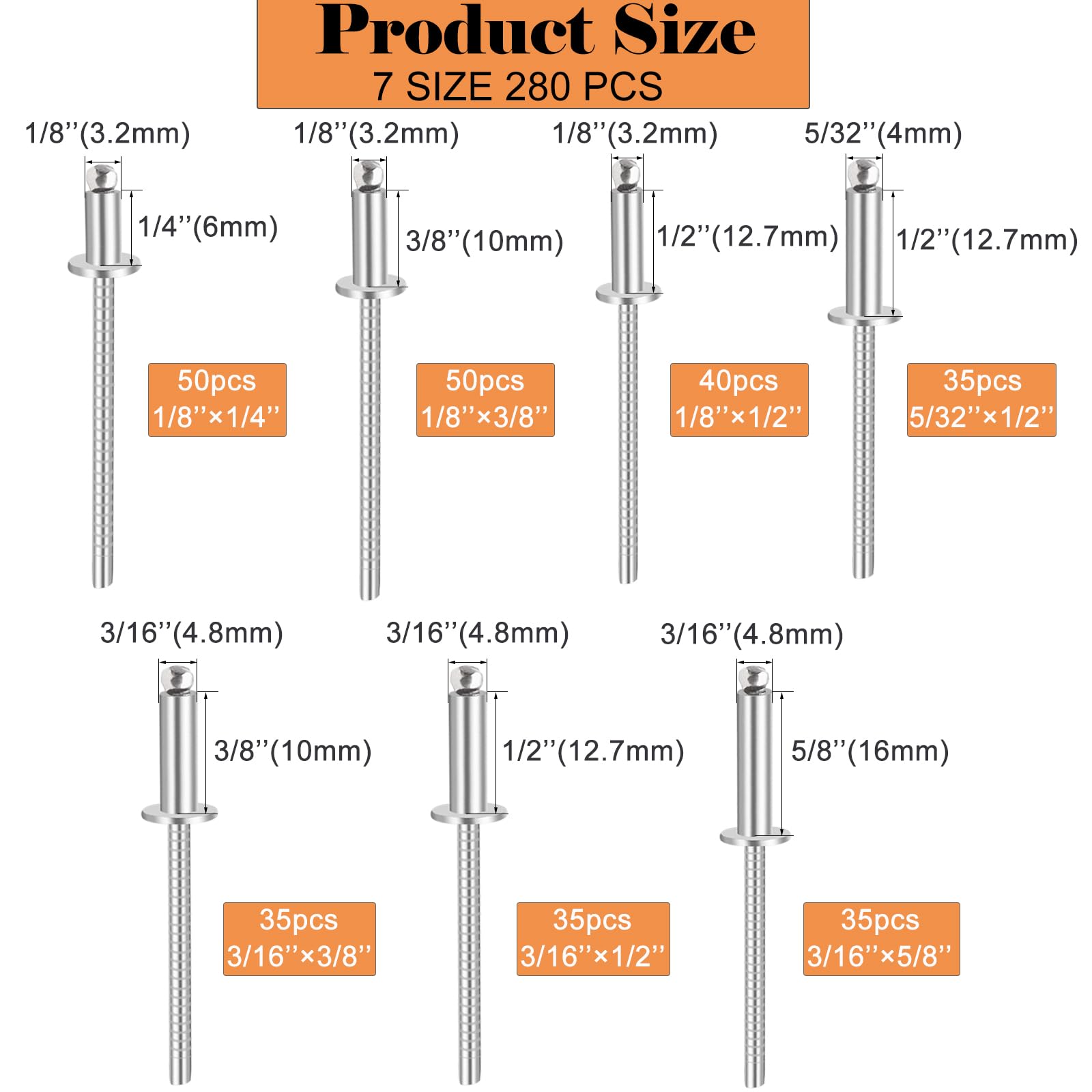 Snapklik.com : 280pcs 304 Stainless Steel Pop Rivets Assortment Kit,7 ...