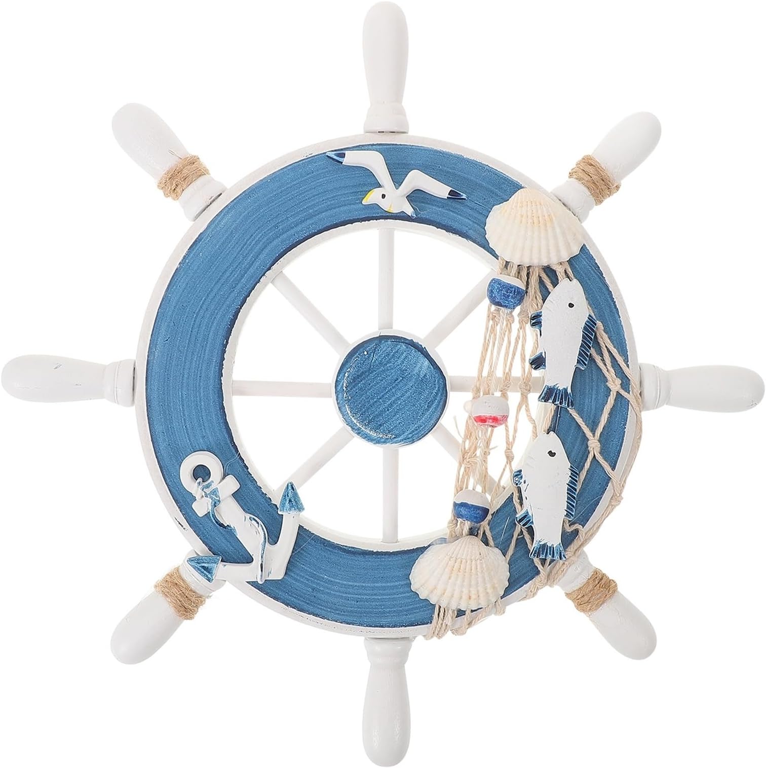 Healifty Wooden Wheel Nautical Boat Ship Wheel Fishing Net Shell Home ...