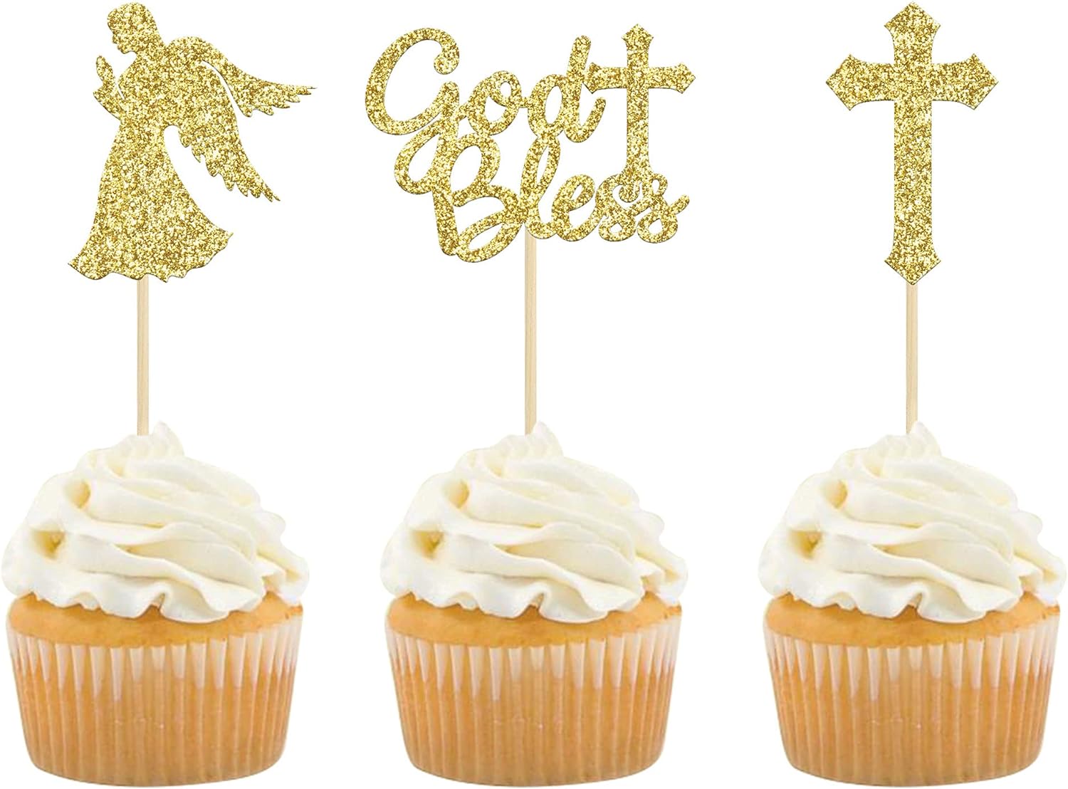 Gyufise 24Pcs Gold Glitter God Bless and Cross Cupcake Topper Picks ...