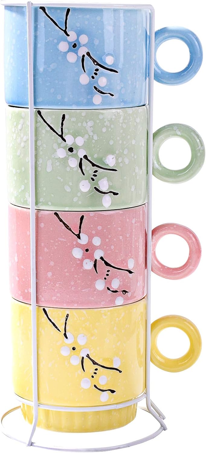 Amazon.com | Ceramic Coffee Mugs Set of 4, Stackable Coffee Cups with ...