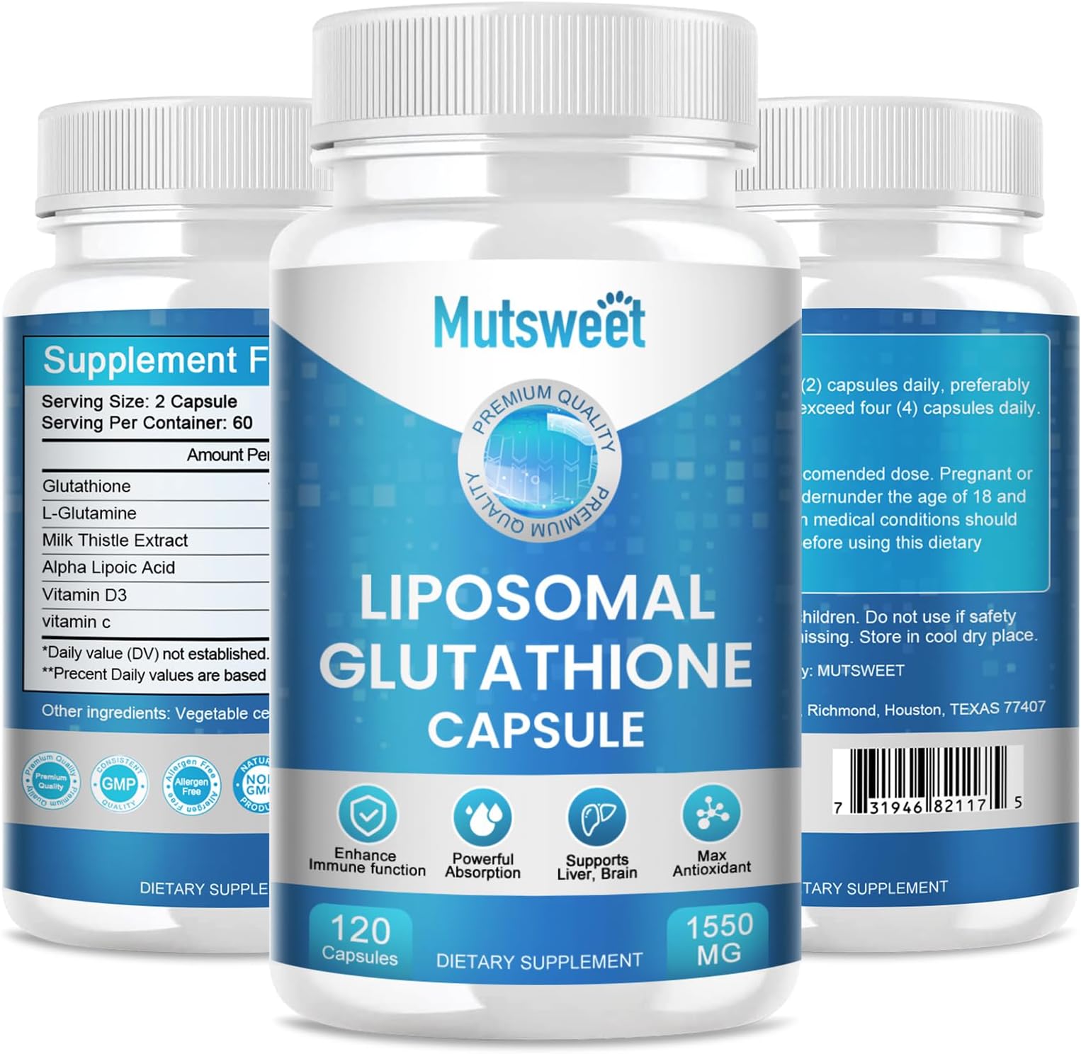 Amazon.com: Mutsweet Liposomal Glutathione 1000mg,120 Capsules, Active Form L-Glutathione ...