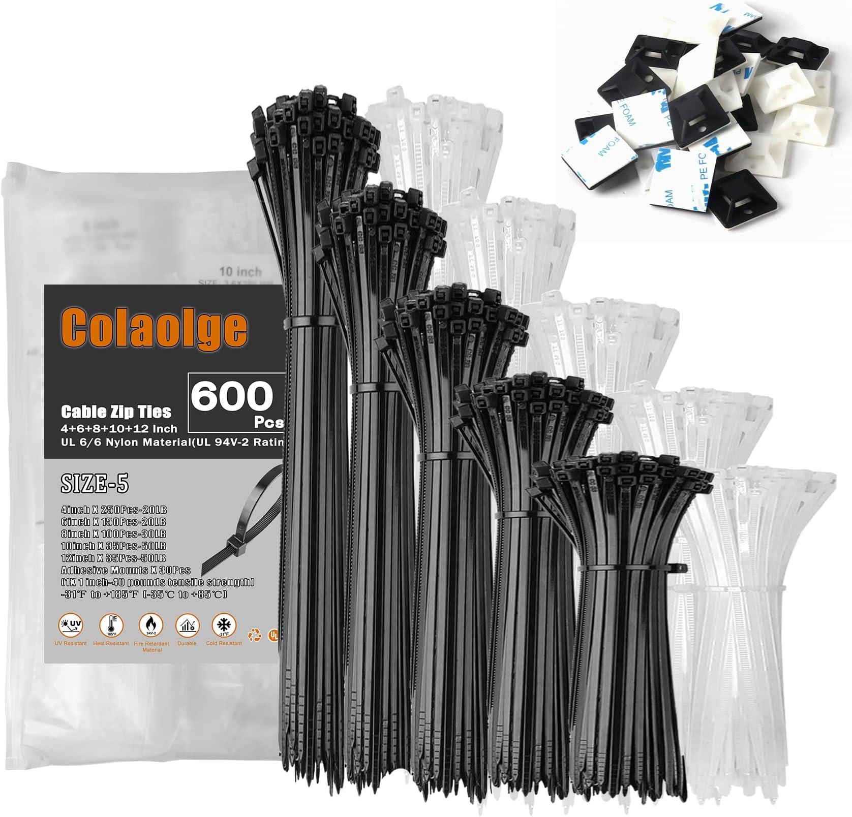Amazon.com: Cable Zip Ties,400 Pack Black Assorted Sizes 12+8+6+4 Inch ...