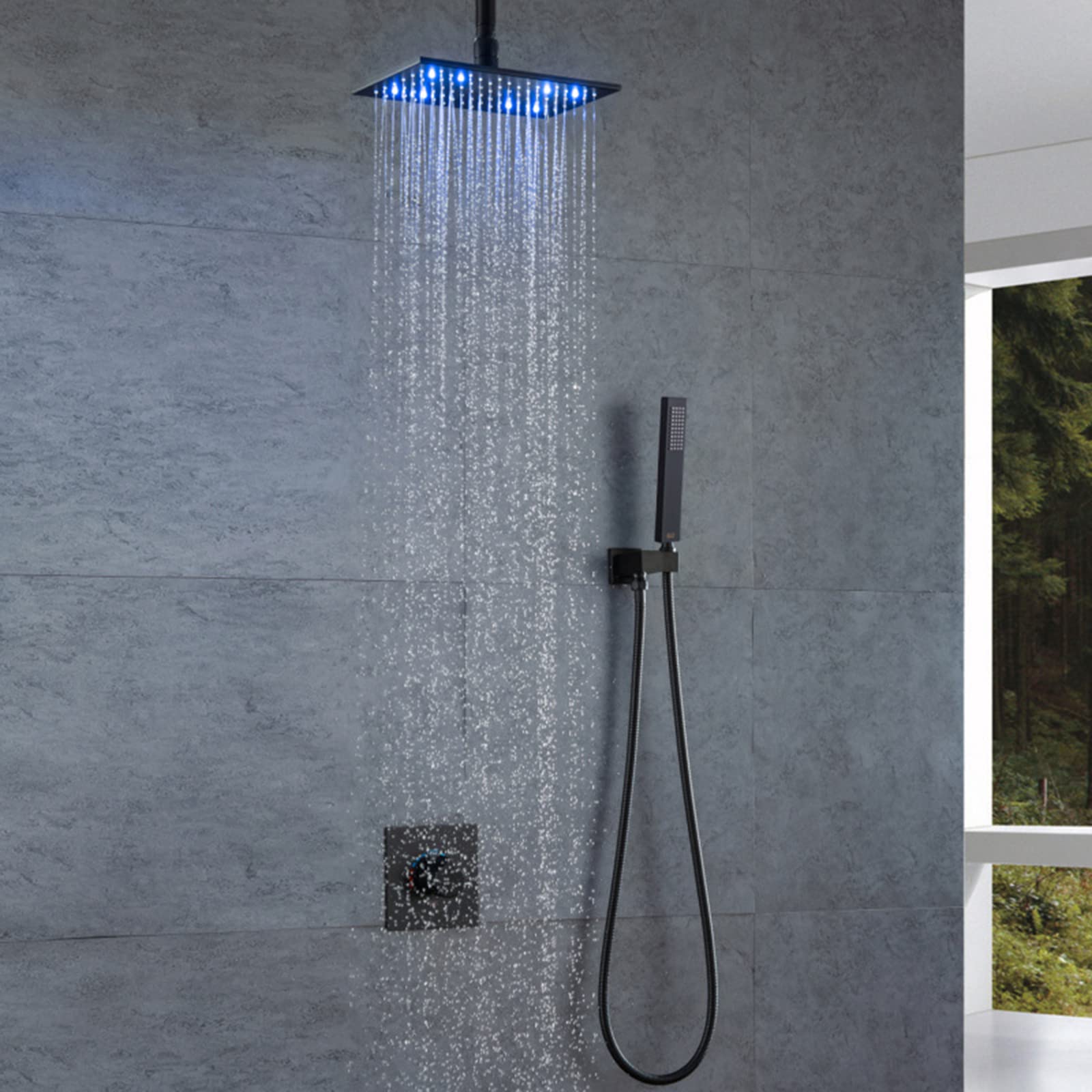 Flush Mounted Led Rainfall Shower Dual LED Shower Head 12" Rainfall